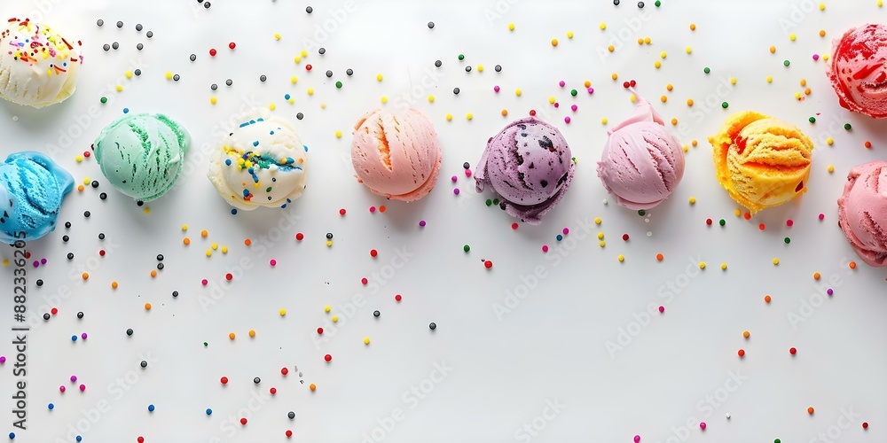 Colorful ice cream scoops with various toppings on a white background ...