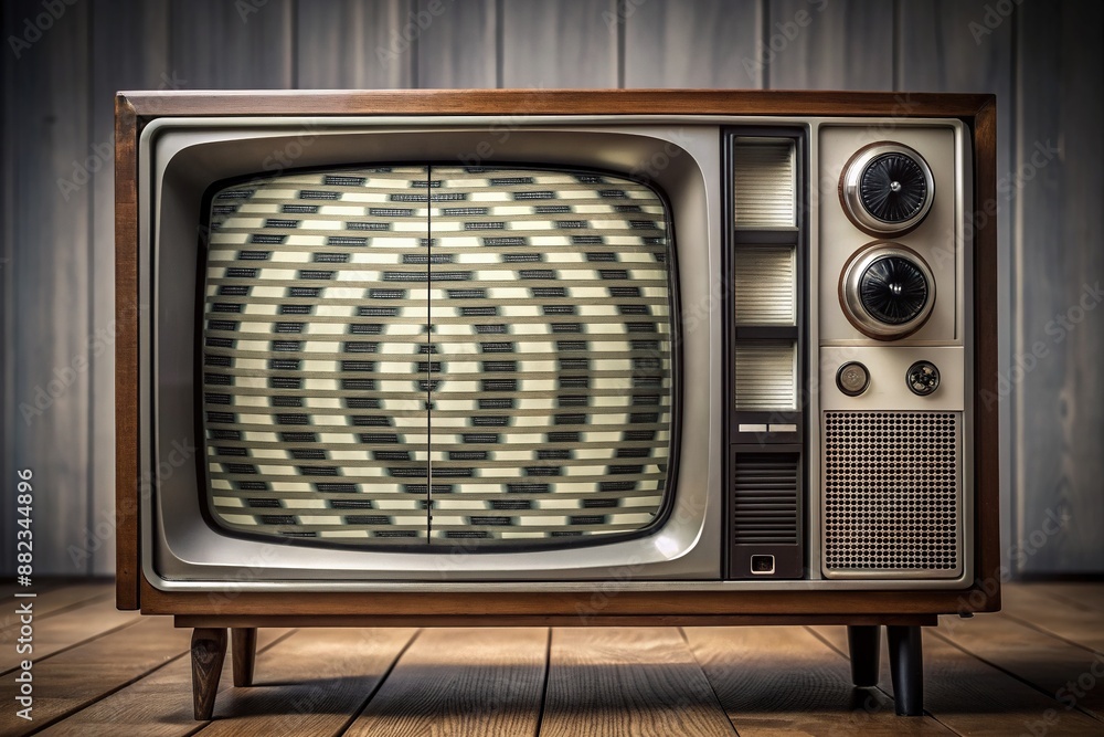 Retro TV set with fuzzy screen displaying nostalgic test pattern ...