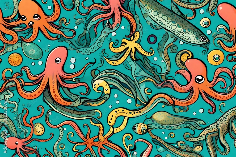 Cute color octopuses, sea animals with tentacles. Vector cartoon set of ...