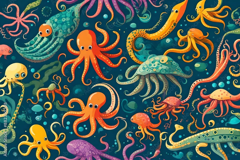 Cute color octopuses, sea animals with tentacles. Vector cartoon set of ...