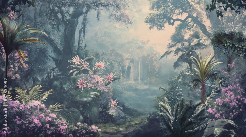 Vintage wallpaper of a mystical forest with exotic flowers, giant ferns ...