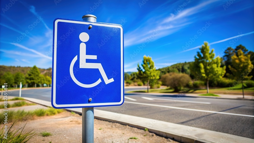 Accessible blue parking sign with white handicapped symbol and arrow ...