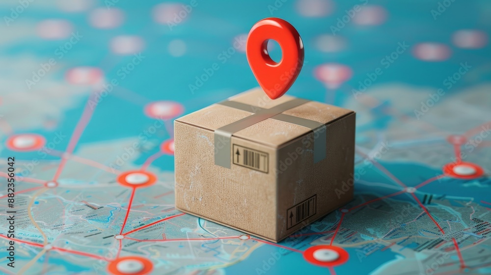 Red location pin floating above a package in a cardboard box above a ...