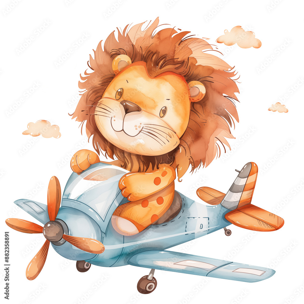 Cute watercolor cartoon lion flying airplane clipart illustration with ...