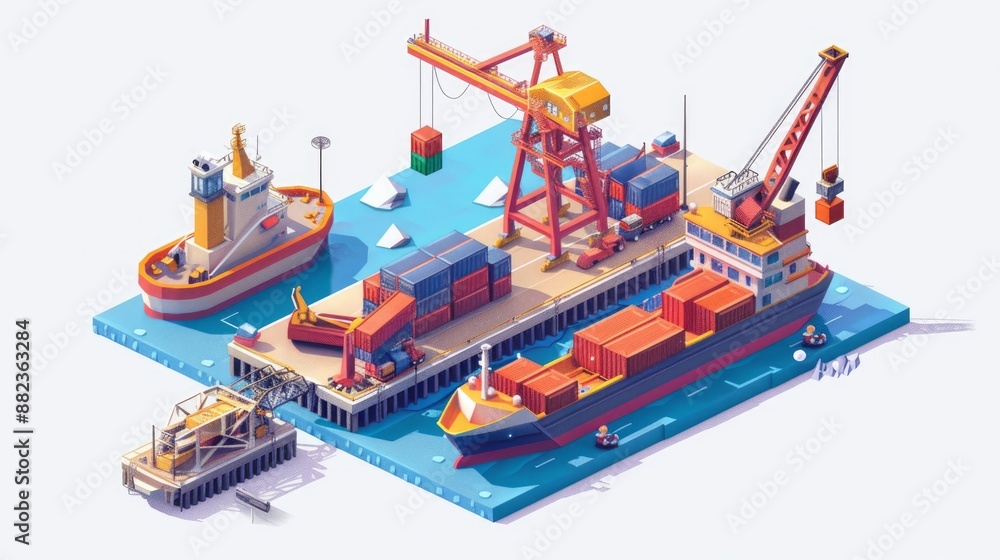 An isometric illustration of a bustling seaport with cargo ships ...