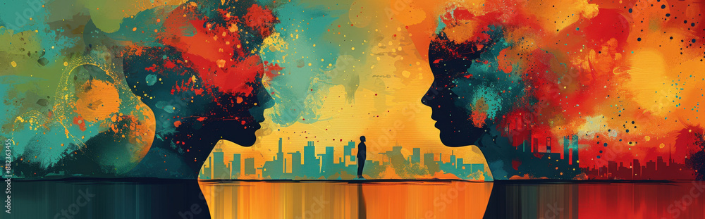 illustration with two overlapping yet distinct color schemes or scenes ...