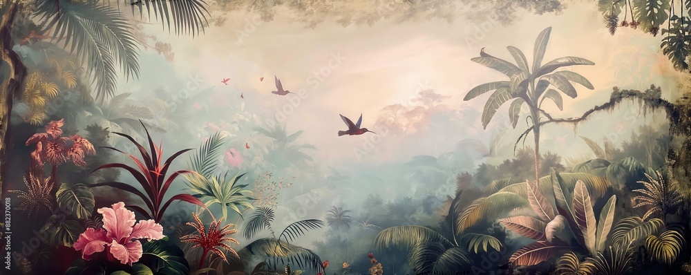 Vintage wallpaper of dense jungle with pastel colors, illustrating ...