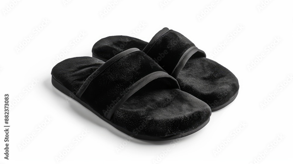 Soft black home or spa slippers isolated on a white background with ...
