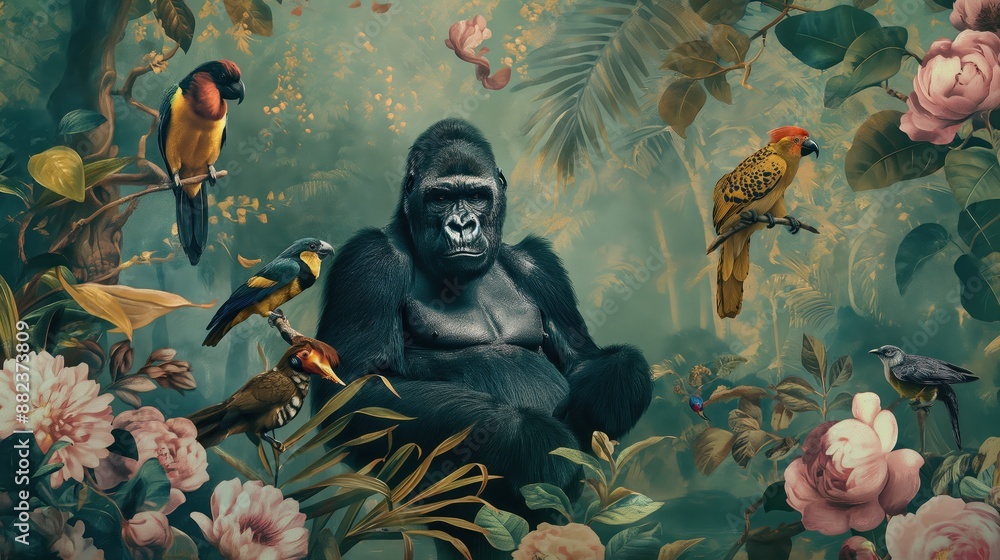 Vintage wallpaper of enchanted jungle with gorillas and exotic birds ...