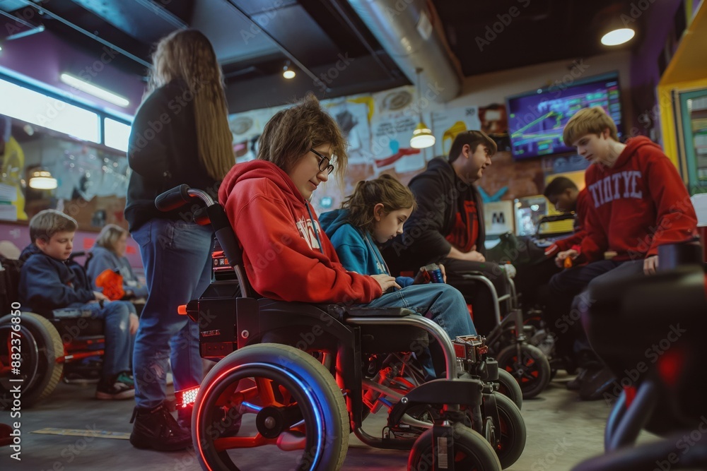 Boy plays video game in wheelchair at colorful arcade with neon lights ...