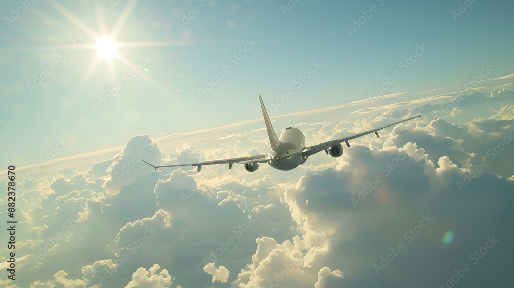 Passenger airplane soaring through a clear blue sky with fluffy white ...