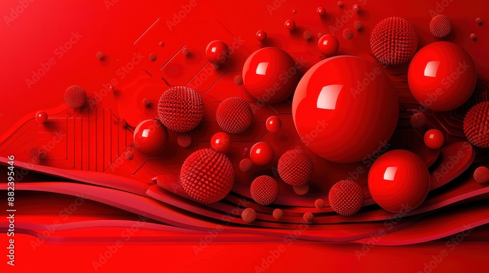 Vibrant red abstract 3D composition with spherical shapes, creating a ...
