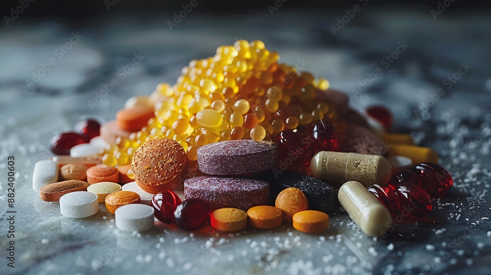 A diverse collection of multicolored pills, capsules, and tablets are ...