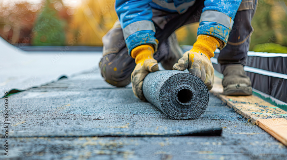 Flat Roof Worker Covering with Roofing Felt: Construction Laborer ...