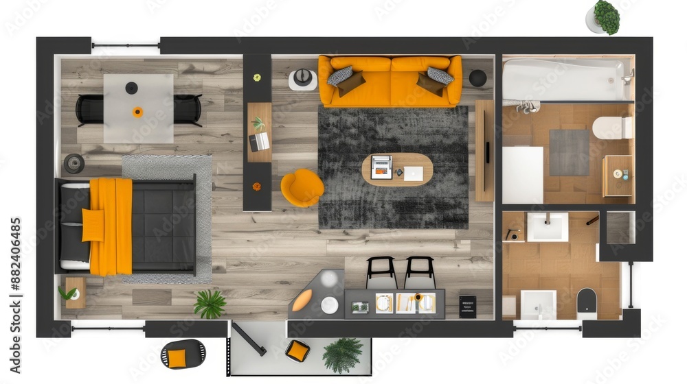 Apartment Floor Plan Layout and Color Palette Samples Drawing - House ...