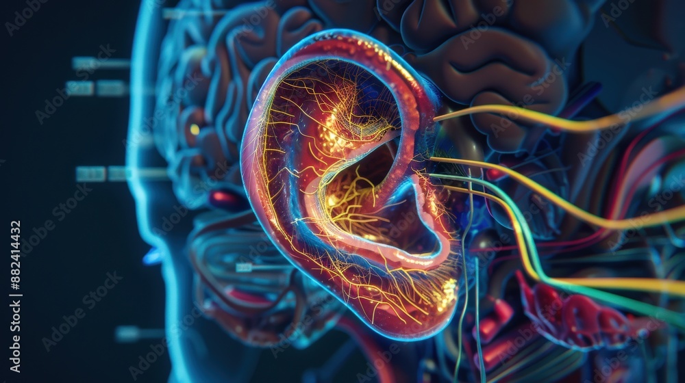 A close up of a human ear with many colorful wires coming out of it ...