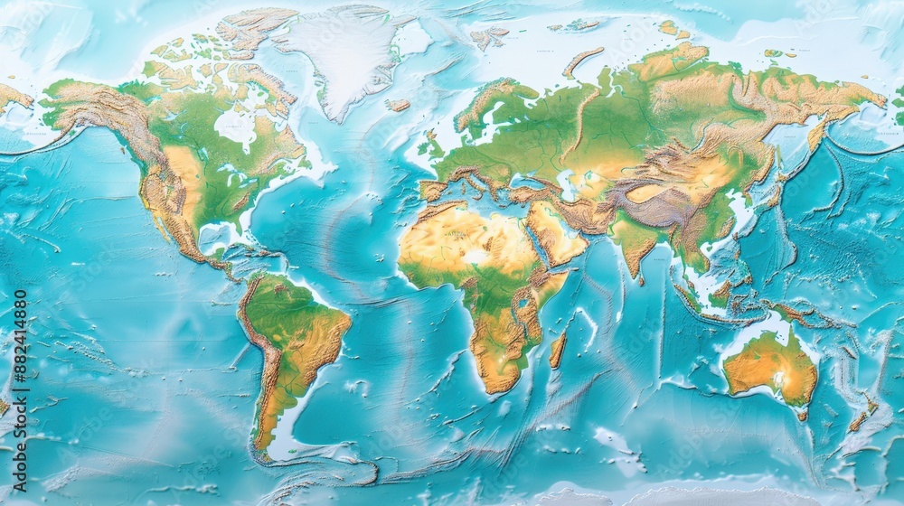 A large map of the world with mountains and oceans. The map is very ...