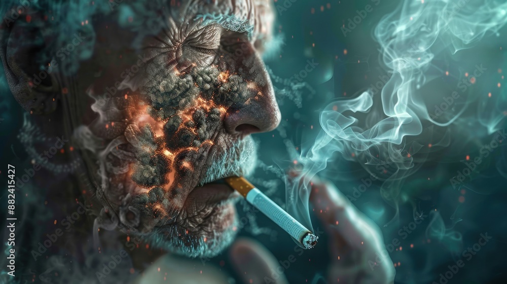 A man smokes a cigarette while his face is covered in ash. Concept of ...