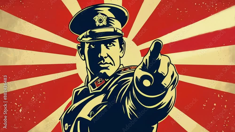 Propaganda poster in vintage style with bright pointing figures and a ...