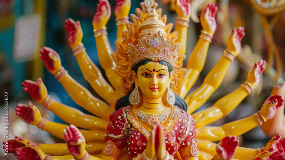 Brightly colored statue of Hindu goddess Durga with multiple arms in ...