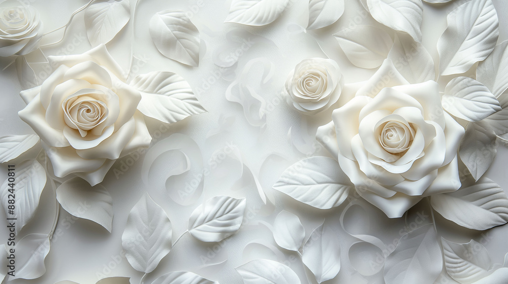 White paper roses and leaves on soft background, paper flower concept ...