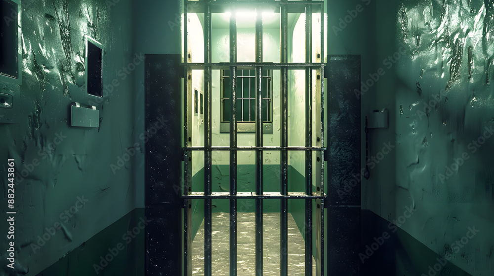 Foto de Prison cell green door. Prison cell interior seen through ...