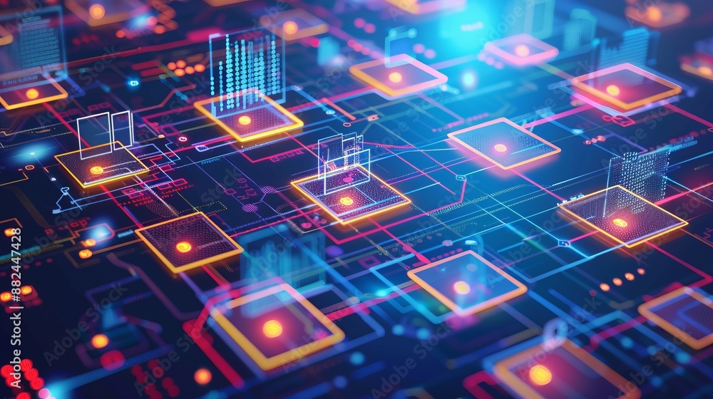 This vibrant image displays an intricate array of modern circuitry with ...