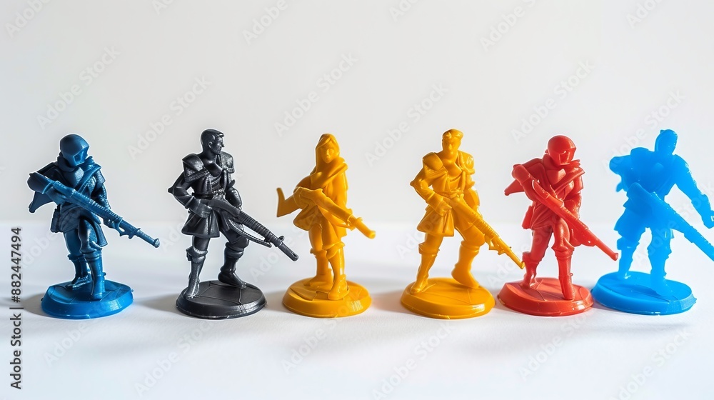 This image shows a line of six vibrant toy soldiers in various colors ...