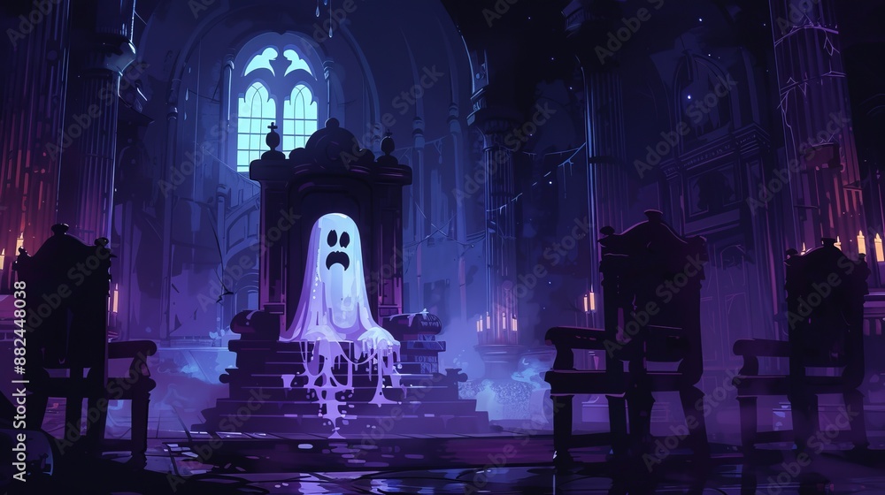 This image shows a cartoon ghost sitting on a throne in a Gothic castle ...