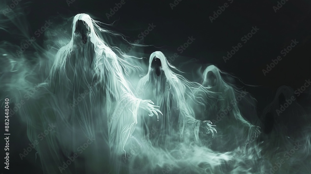 This image depicts four ethereal, ghostly figures emerging from the ...