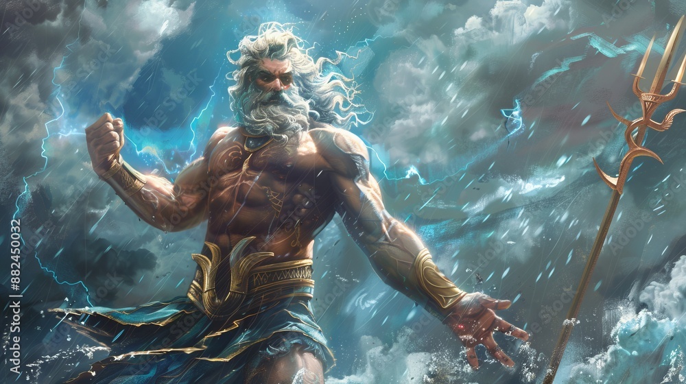 A mythical god with surging muscles and a flowing white beard is ...