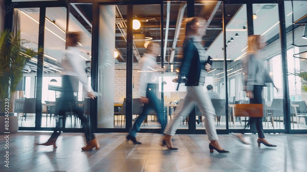 Blurred motion image of office workers walking through a modern, well ...