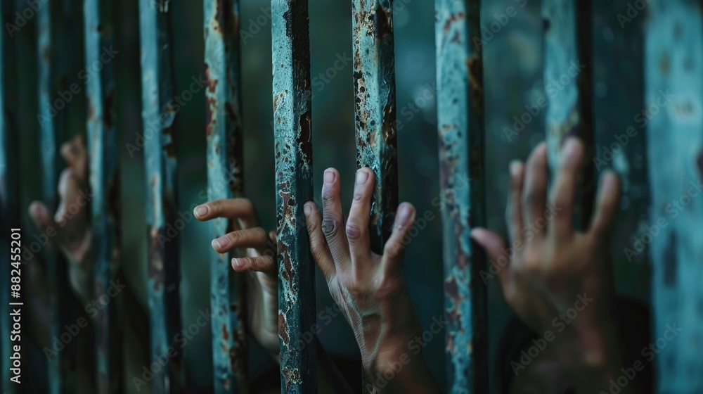 Multiple hands tightly gripping the rusty prison bars in a dimly lit ...