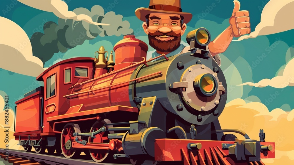 A creative illustration showcases a steam train with a conductor giving ...
