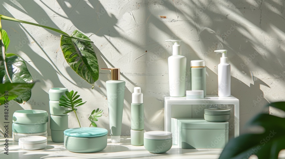 jar of creams and makeup without logos in limestone piece Stock Photo ...