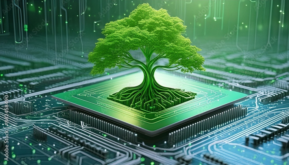 Ecological technological concept. Green tree growing on computer ...