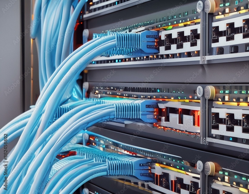 Server staggered cables and interfaces. Network cables connected in ...