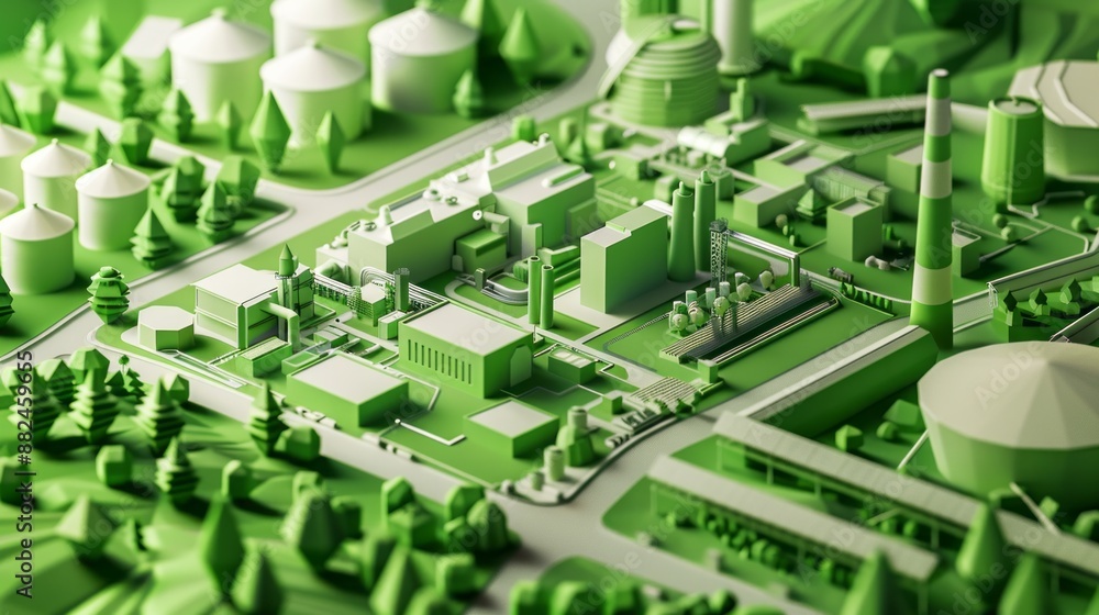 An abstract 3D animation of a sustainable eco-industrial park with ...