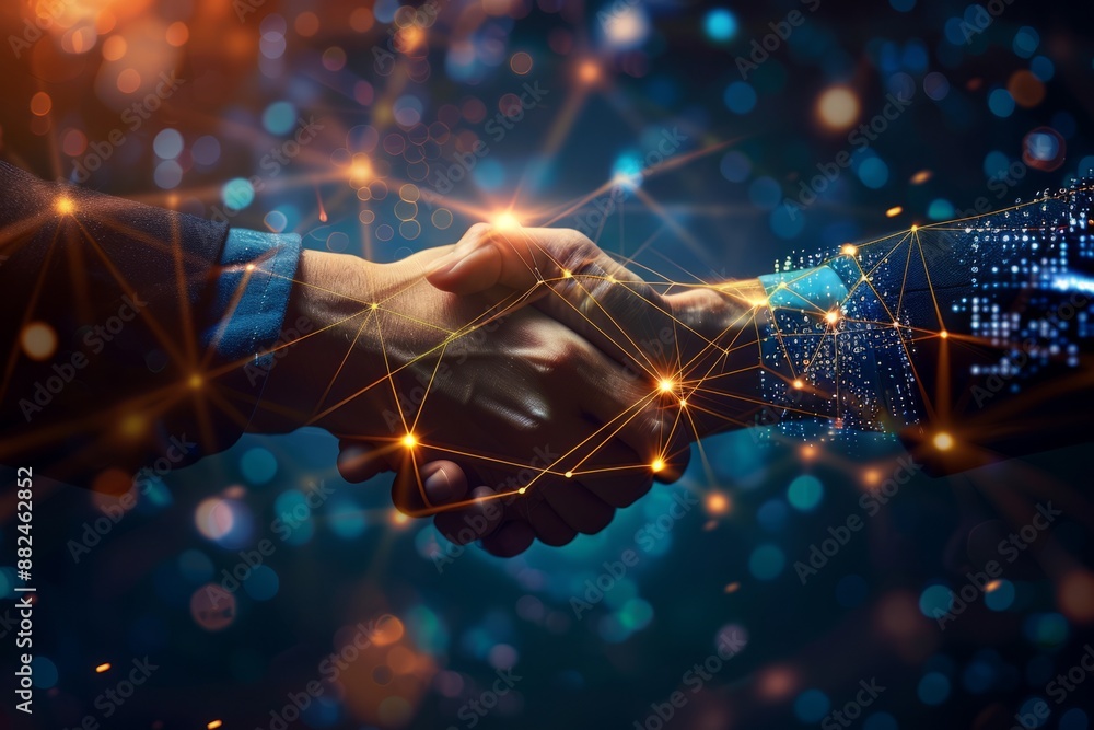 Professional handshakes with digital network coverage represent ...