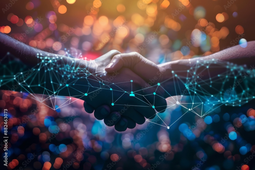 Professional handshakes with digital network coverage represent ...