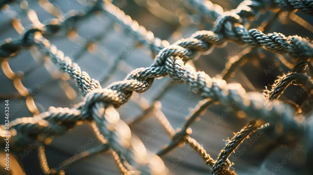 The cargo net is suspended between two points forming a triangular ...