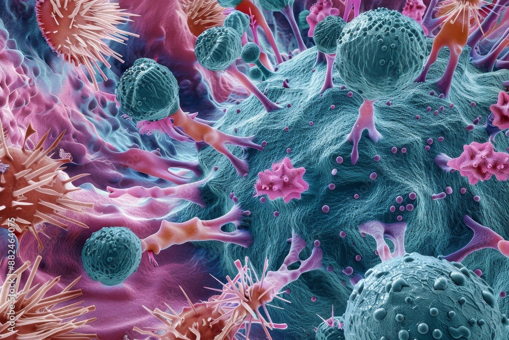 An illustration of a virus particle magnified under an electron ...