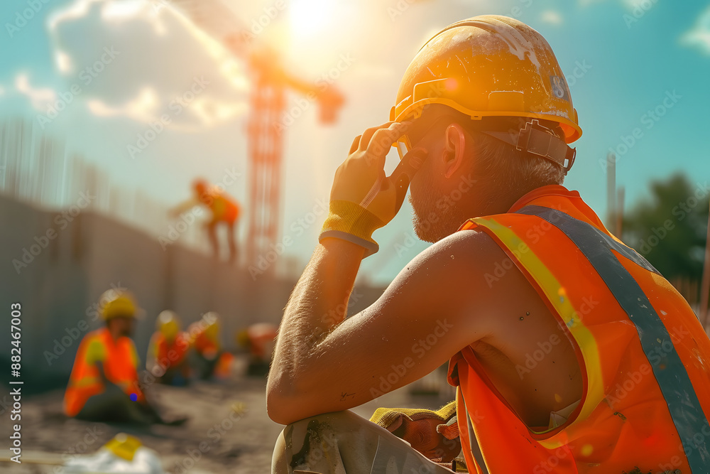 Heat wave, construction workers in hot weather,hot weather shines a ...