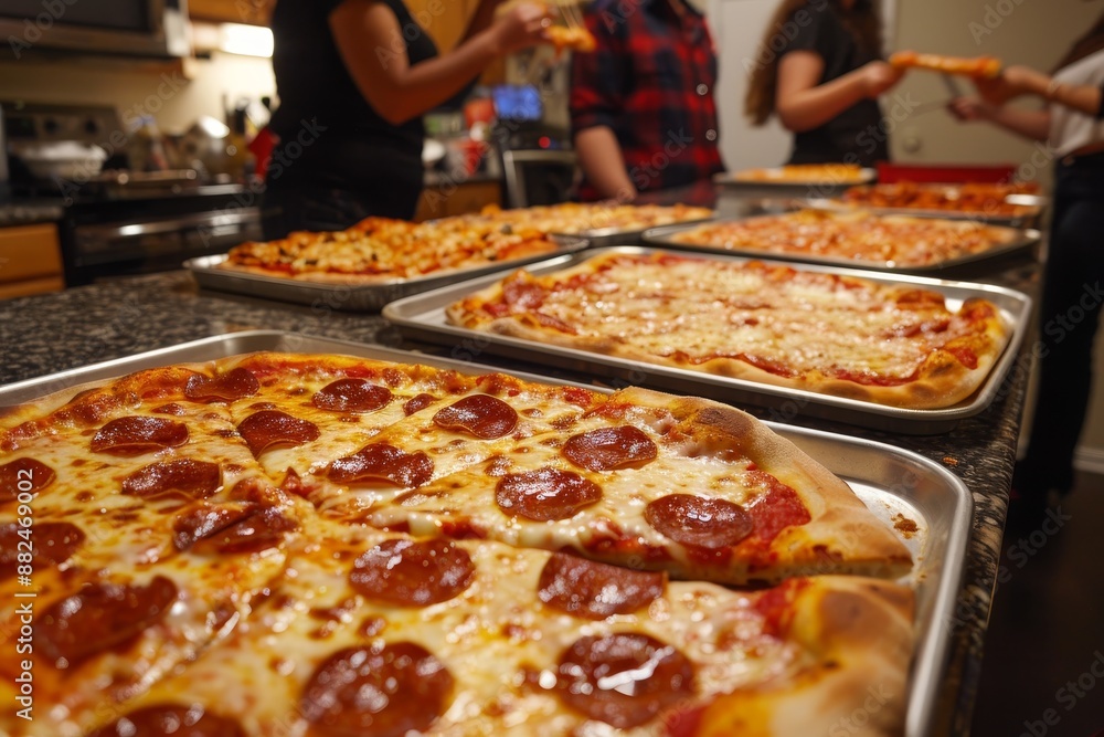Pizza party in full swing, with friends savoring every cheesy bite ...