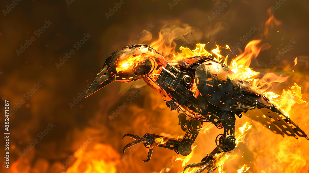 Robotic bird creature engulfed in a fiery blaze representing the ...