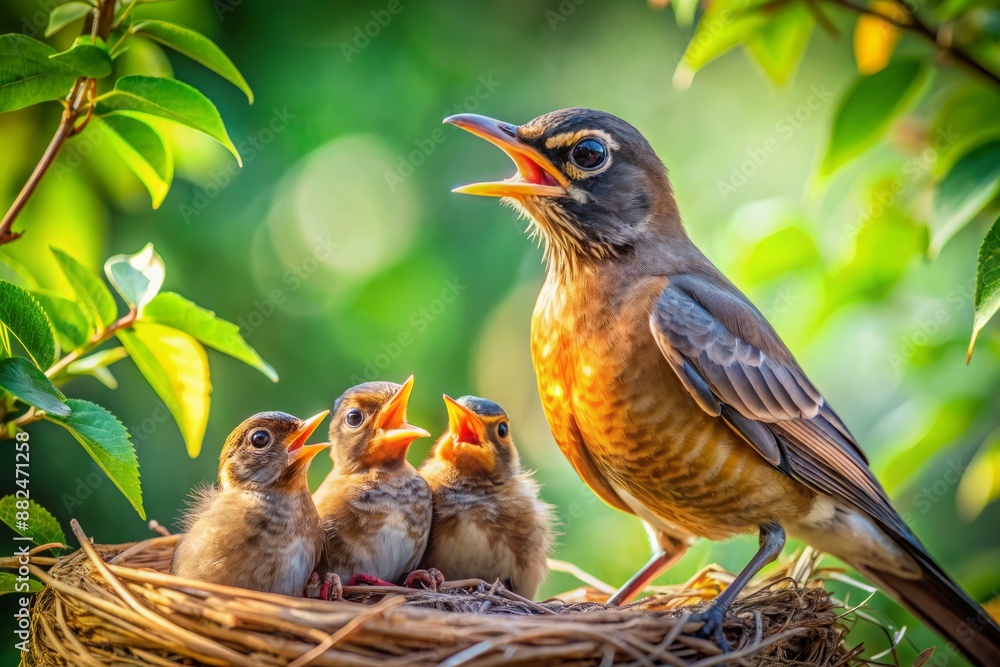 Adorable baby birds snuggle together in their cozy nest, beaks agape ...