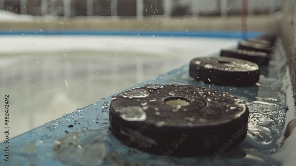 Close-up image showcasing multiple wet hockey pucks lined up on the ...