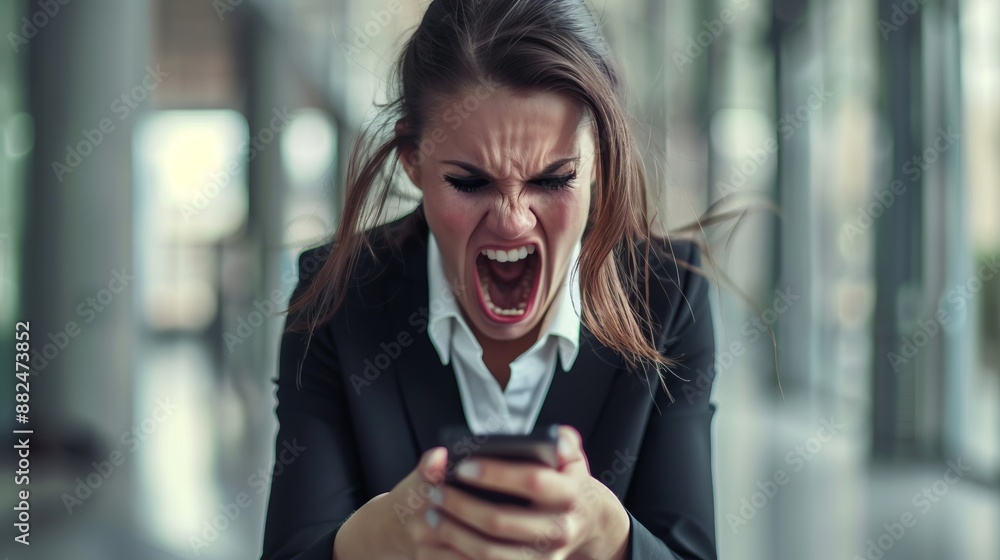 An angry woman in office attire shouts at her phone, her frustration is ...