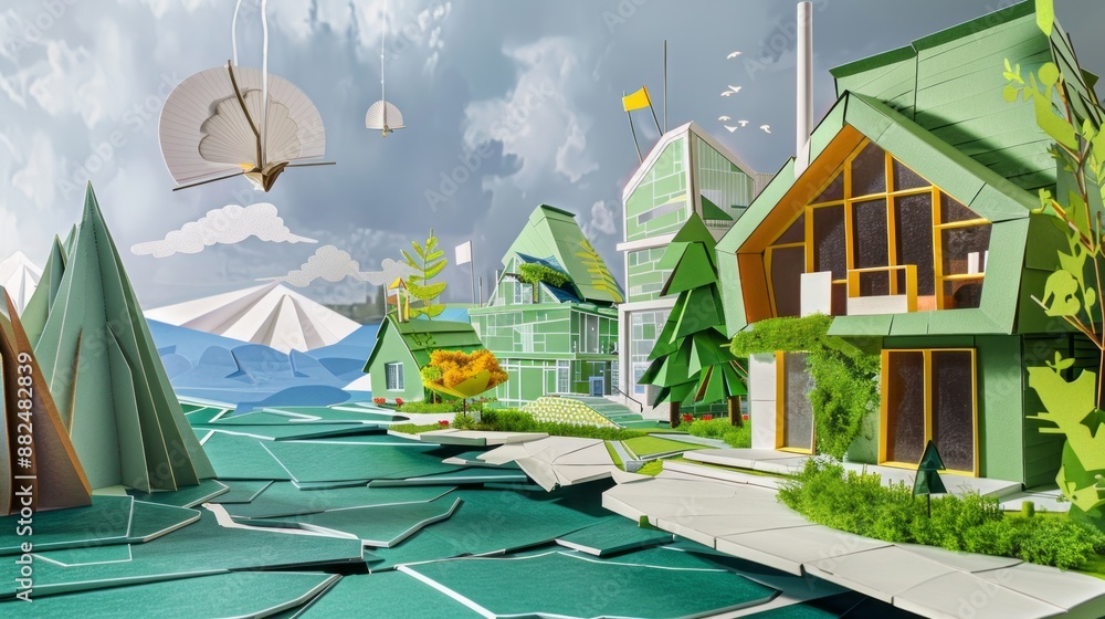 An artistic rendering of a green disaster-resilient housing project ...