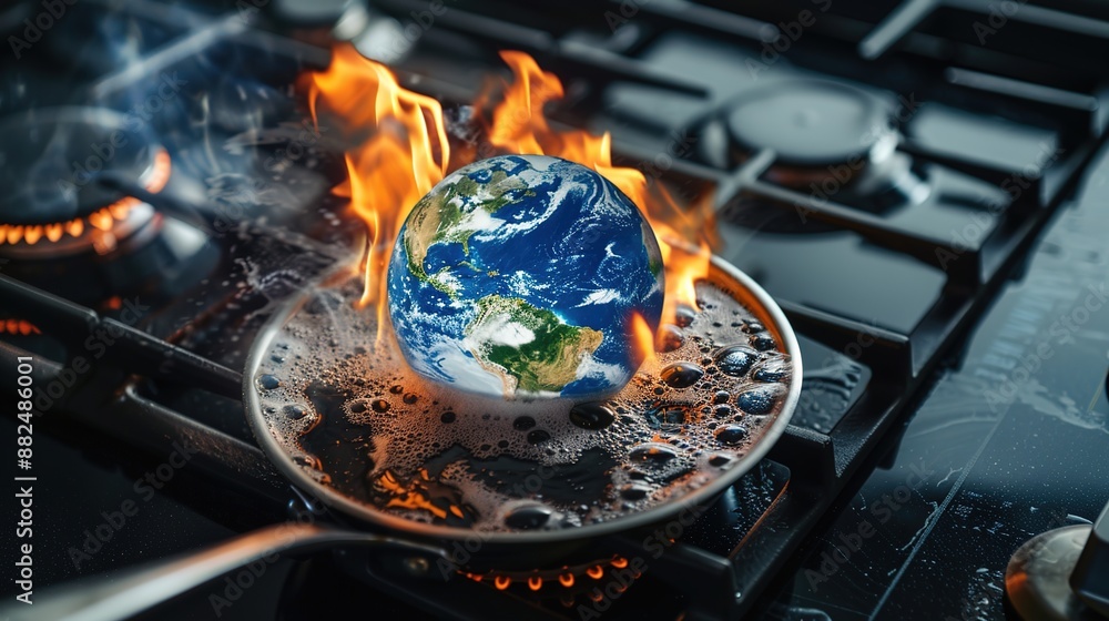 Earth globe of the planet boiling in hot water of a pan on the fire of ...